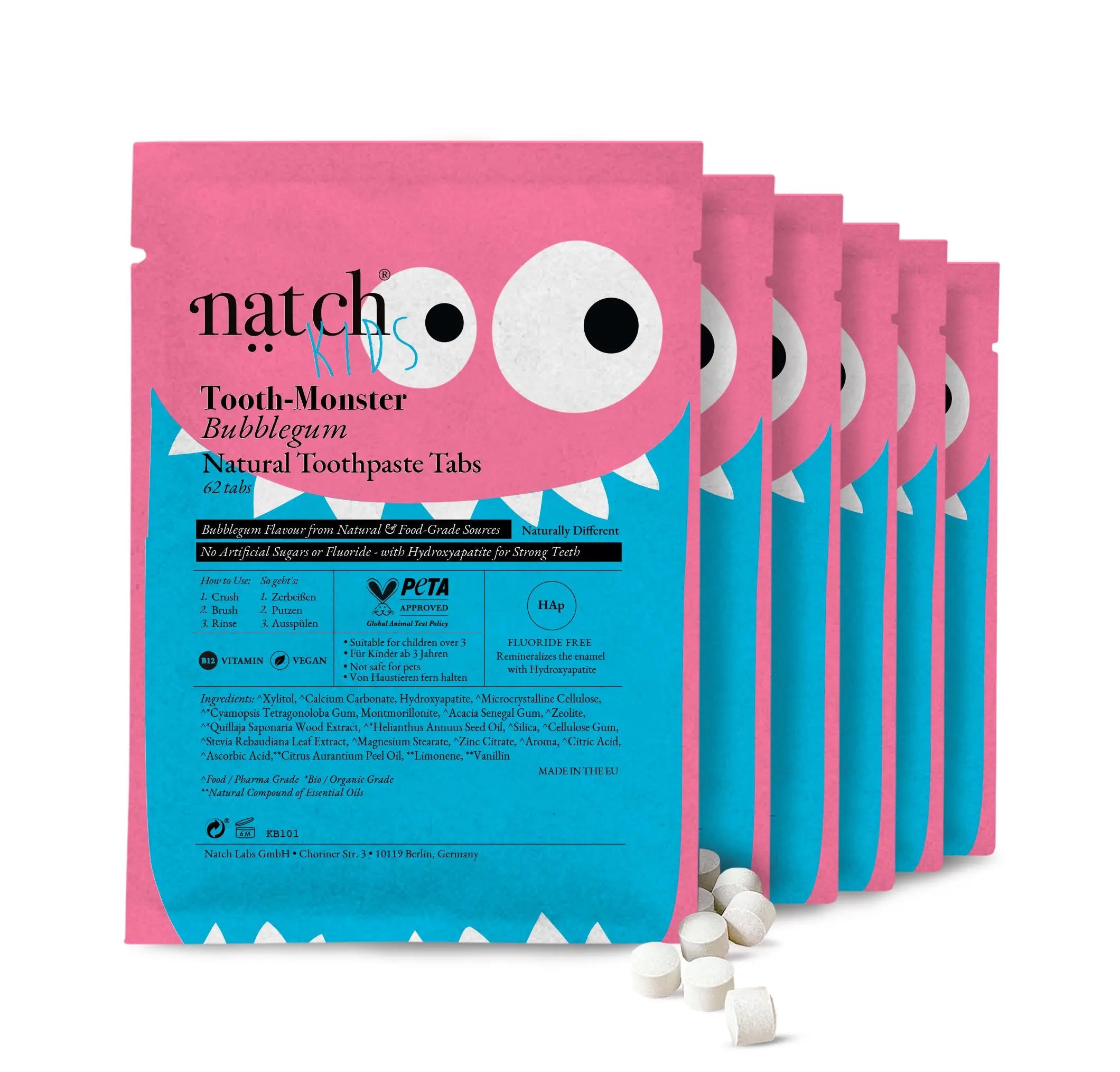Natch •• Natural Toothpaste Tablets - Tooth Monster Bubblegum 6-Month ...